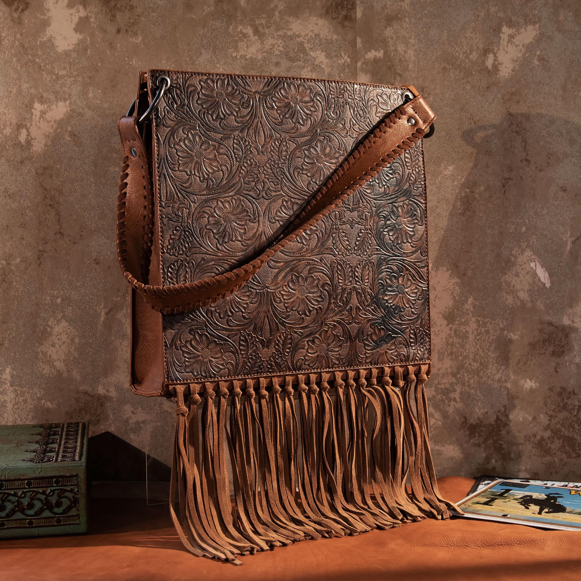 Wrangler Tote Shoulder Bag for Women Western Tooling Handbags Fringing Satchel Purse with Hand-Woven Strap