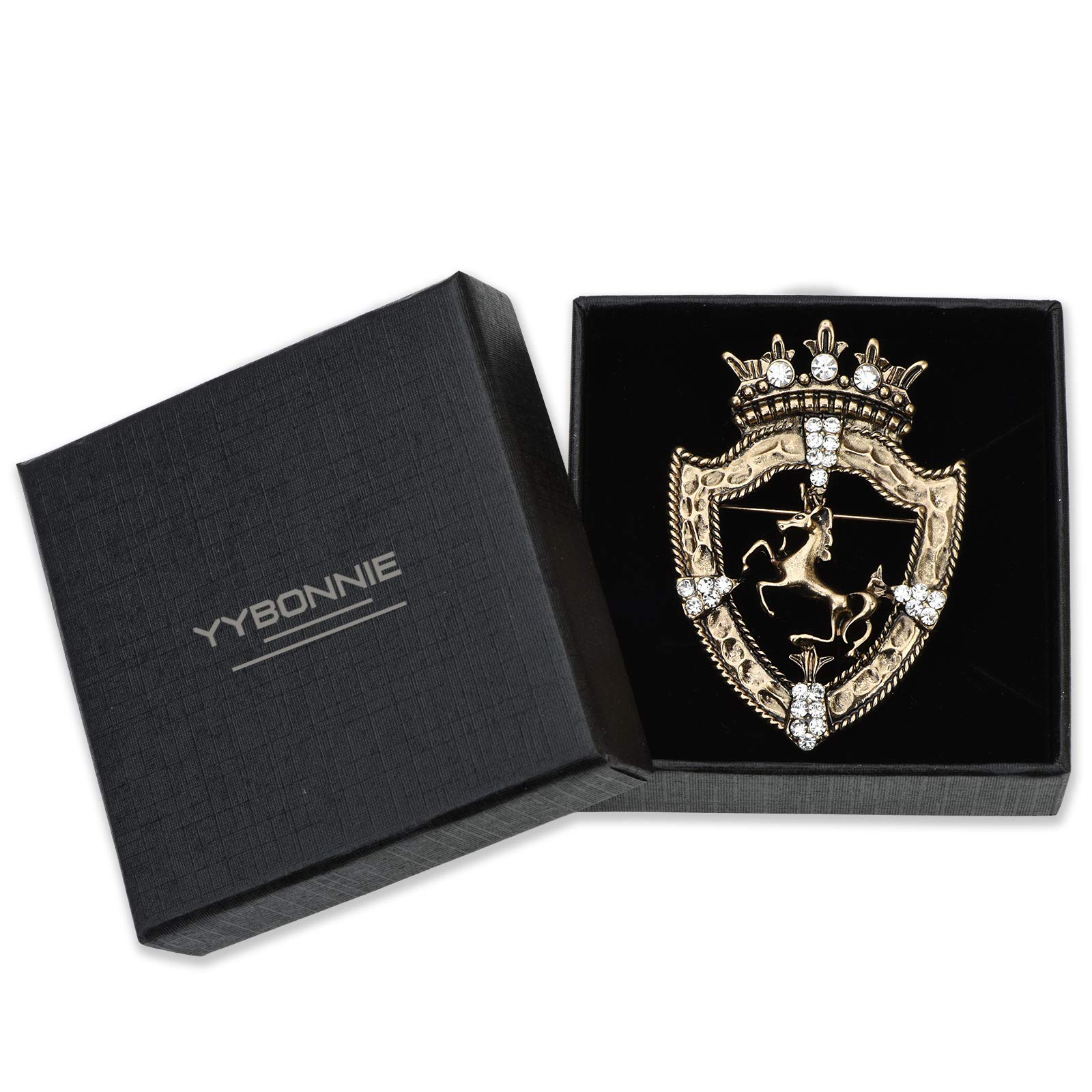 YYBONNIE Vintage Golden Tone Queen Crown Pin Brooch Crystal Horse Racing Chapter Badge