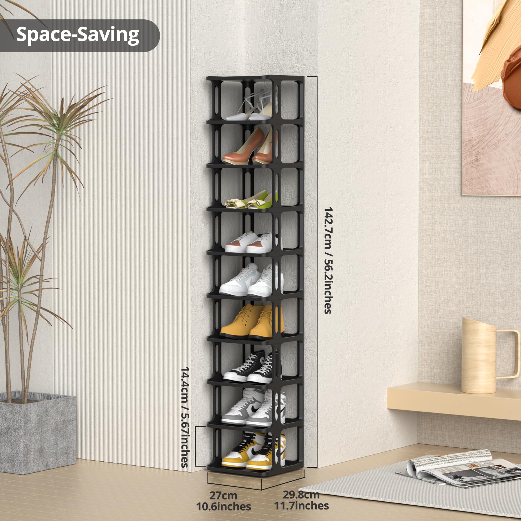 ZOINLIY 6 Tiers Shoe Rack for Closet Entryway, Narrow Vertical Shoe Organizer for Small Spaces, Black Stackable Shoe Cubby, Shoe Storage Tower, 10.55" D x 10.55" W x 31.49" H