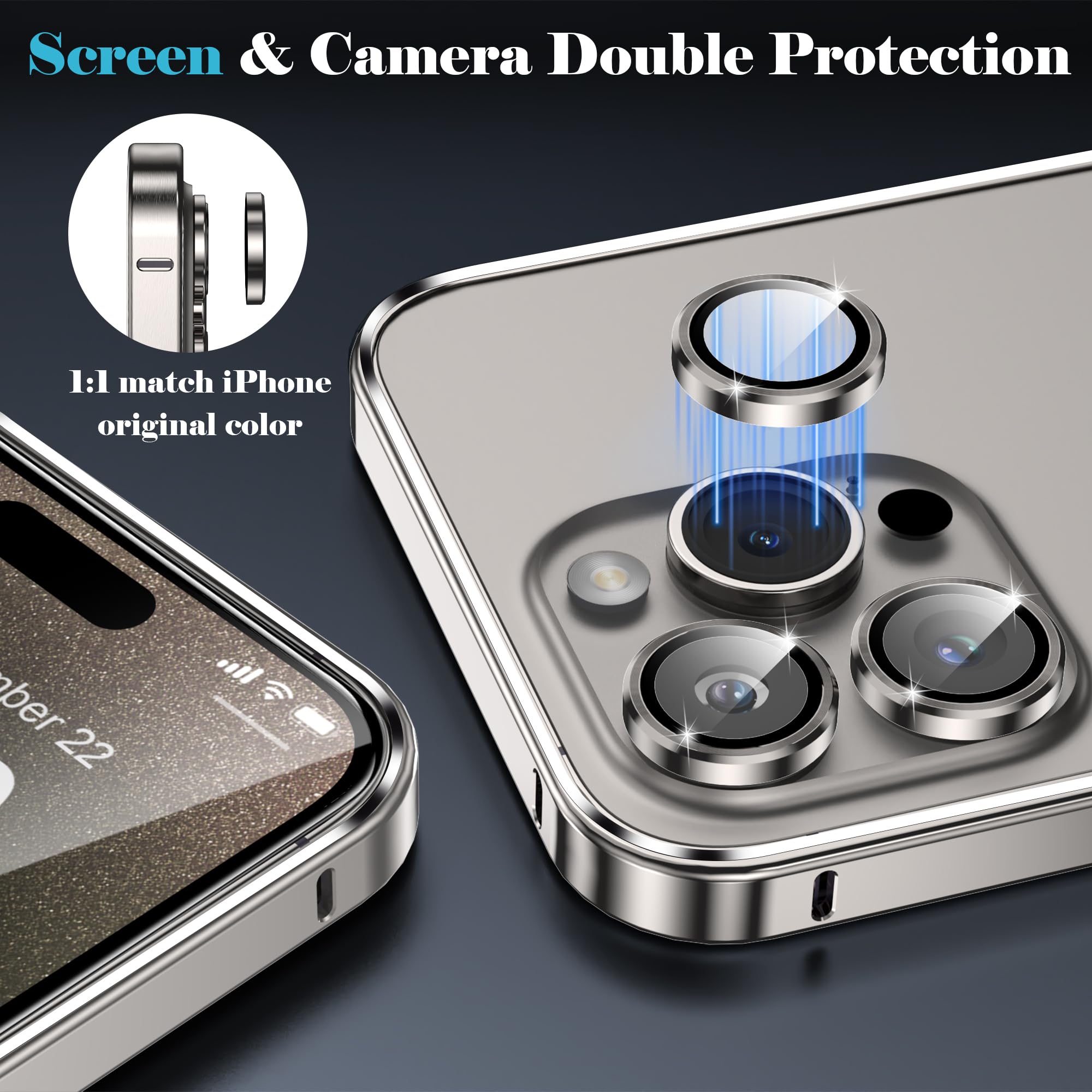 YMHML 3 in 1 Case for iPhone 15 Pro Max Titanium Frame with Screen Protector and Camera Lens Protector Tempered Glass, Metal Bumper Slim Hard Edge Full Drop Protection Accessories, Natural Titanium