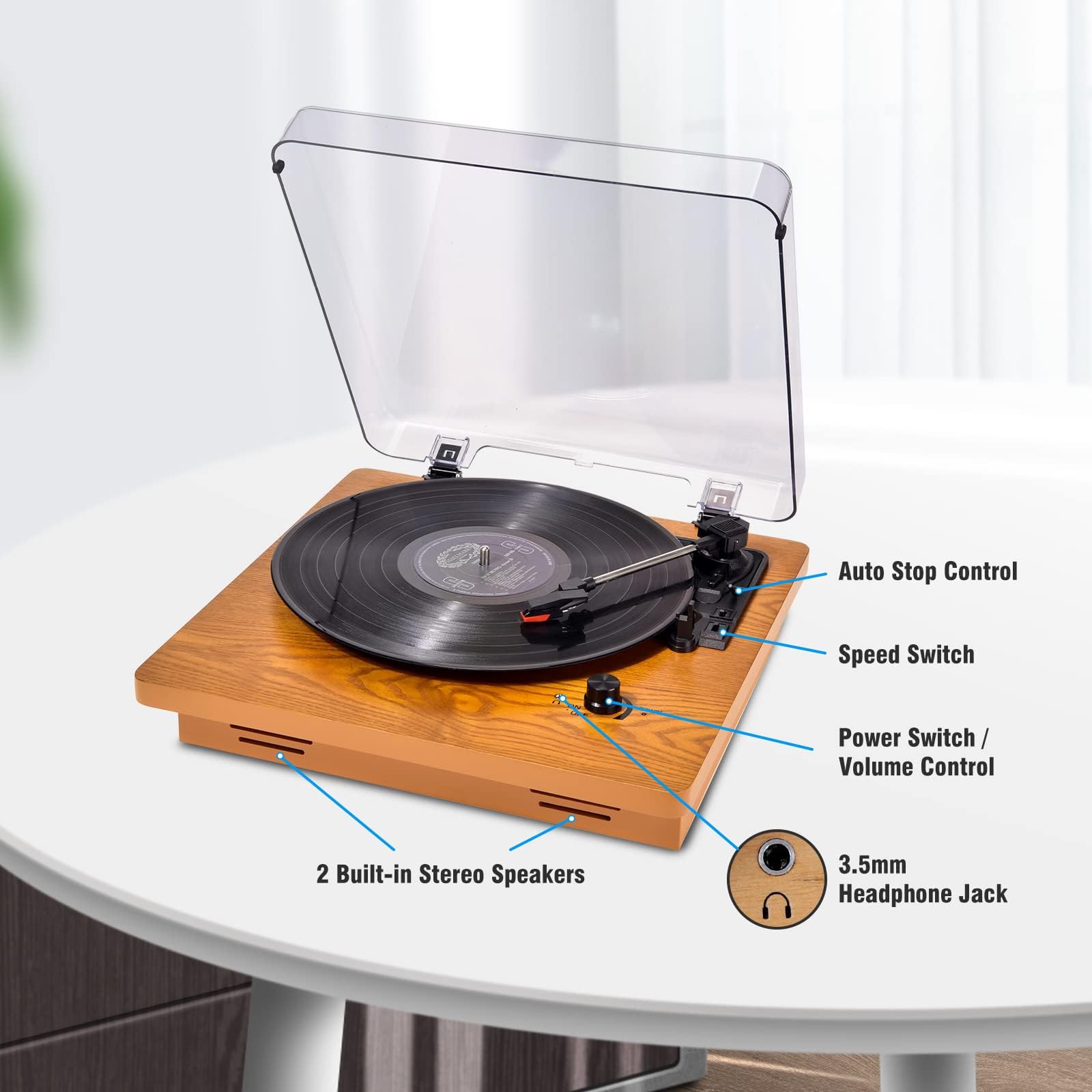 Wrcibo Record Player,Hall-Level Audio Quality Turntable,3-Speed Premium Wood Vinyl Player Suitable for Gift Giving,Home Decoration,Upgraded Stylus Reduces Risk of Record Damage.