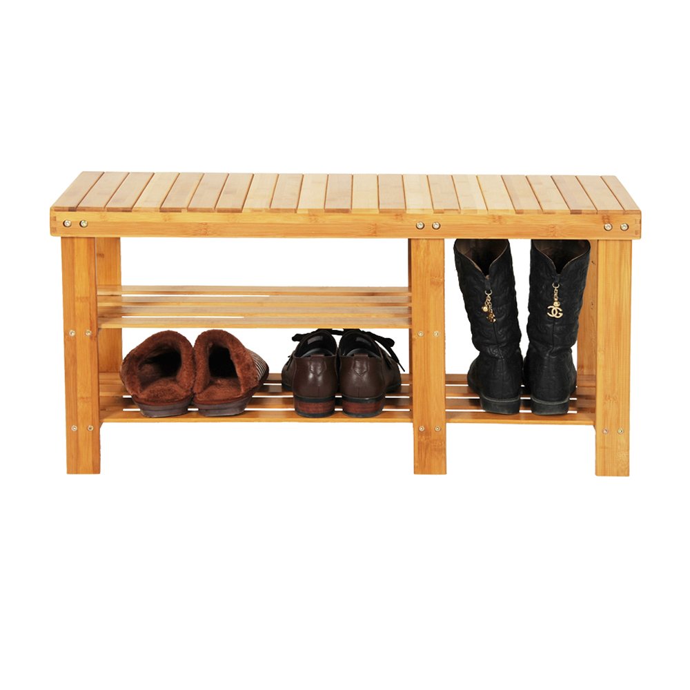 WISCLASS 90 cm Pastoral Style Bamboo Shoe Rack Strip Pattern Three Tiers Bamboo Stool Shoe Rack Simple Assembled Multifunctional Storage Shoe Rack Pastoral Style Bamboo Shoe Stool for Home