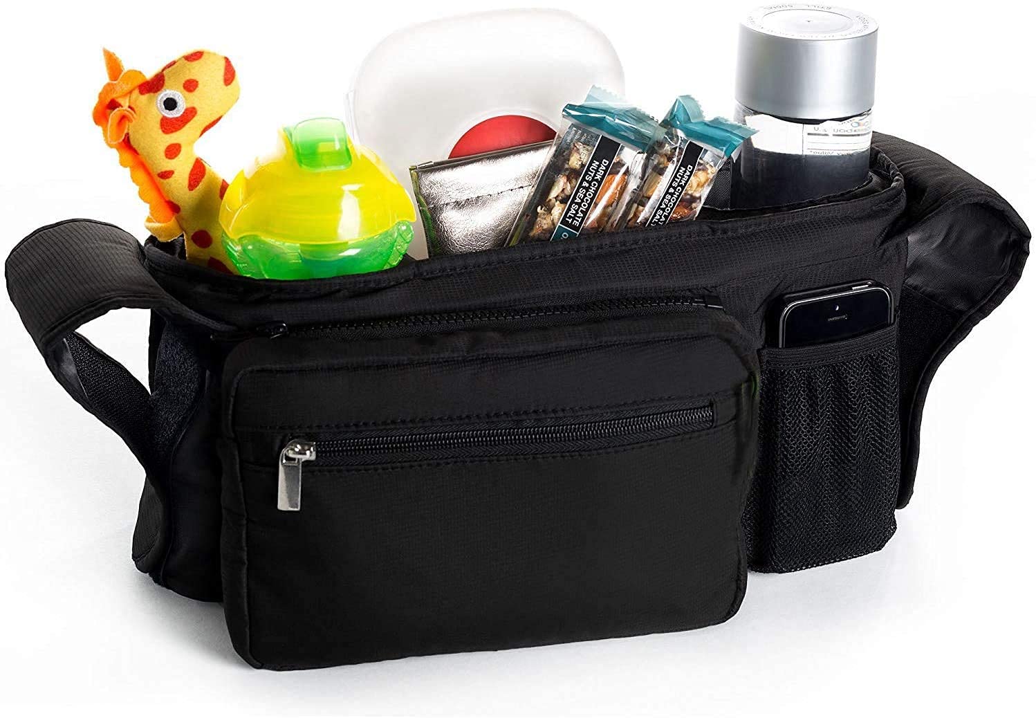 YEYUNTO STROLLER ORGANIZER with cup holders NON-SKID strap FITS ALL strollers, Compact Mirror, Storage for Phone, Wallet, Toys