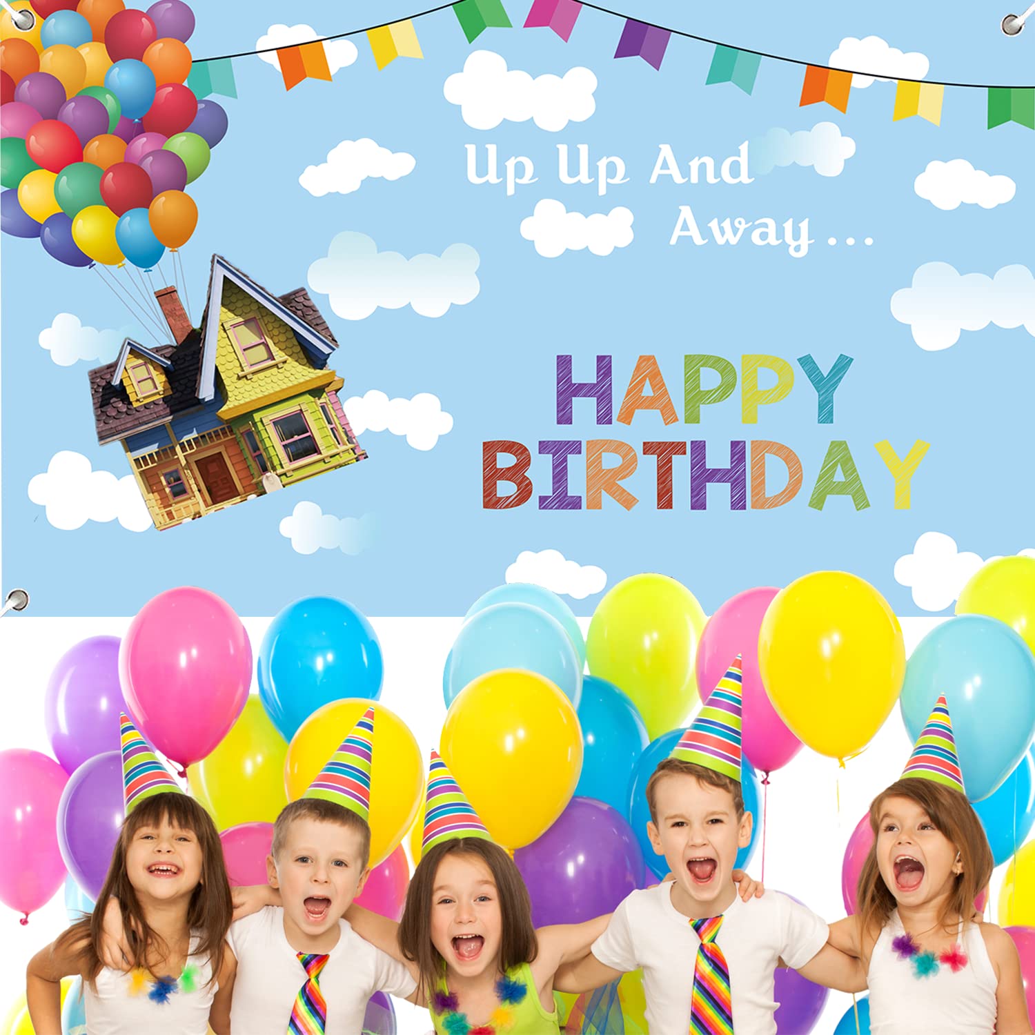 UP Happy Birthday Background Banner Blue Sky White Cloud Balloon Party Decoration Photography Background Banner 7x5 ft