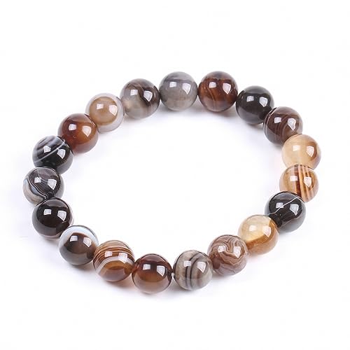 Xileg Natural Round Gem Stone Onyx Men Bracelets Bangle 10 mm Brown Stripe Ethnic Rosary Energy Beads Prayer Wristband Coffee