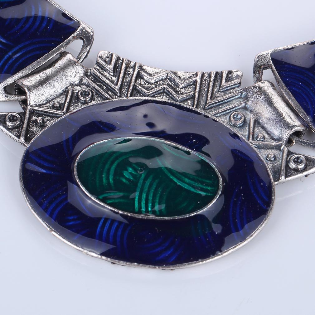 YAZILIND Ethnic Dark Blue Green Embossed Bib Collar Earrings Necklace Jewelry Set Women