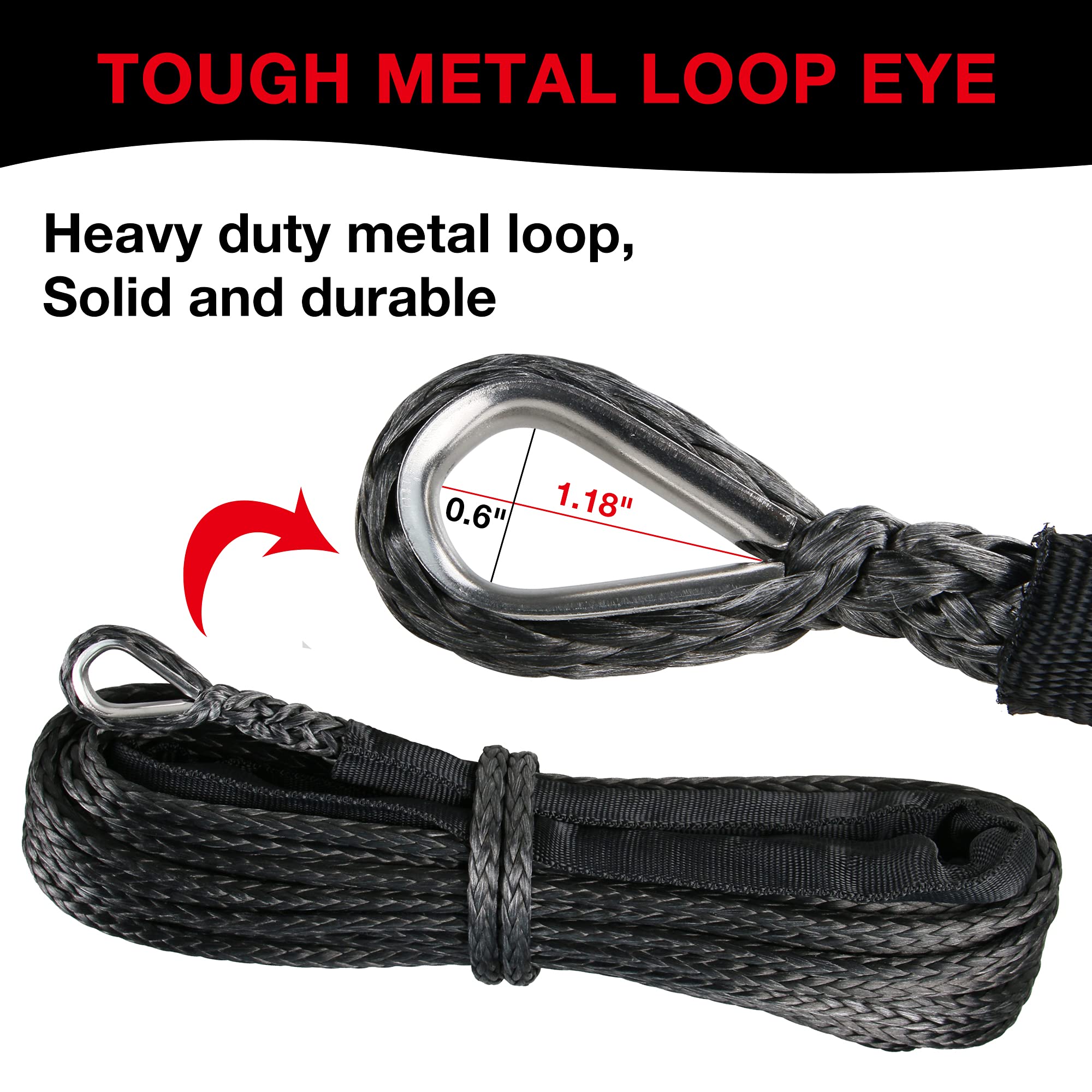 WROUGH 1/4" Synthetic Winch Rope 50 Ft Black Heavy Duty 10000 lb ATV Winch Rope Line with Steel Hook Rubber Stopper Protecting Sleeve/Sheath and Thimble Universal Fit for ATV SUV Vehicle Winch Rope
