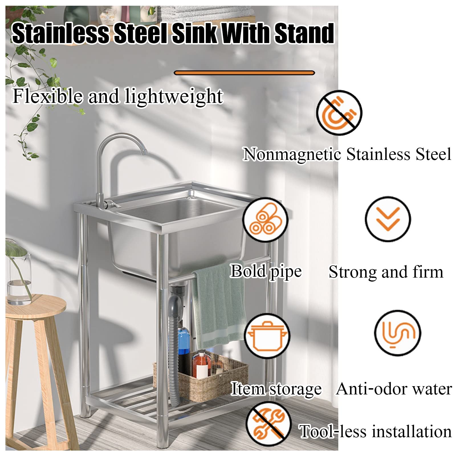 SEYFI Kitchen Sinks U-Tility Sink,Free Standing, Stainless Steel Sink Free Standing Kitchen Sink,Commercial Sink, Freestanding Countertop for Laundry/Single Cold/Single Cold