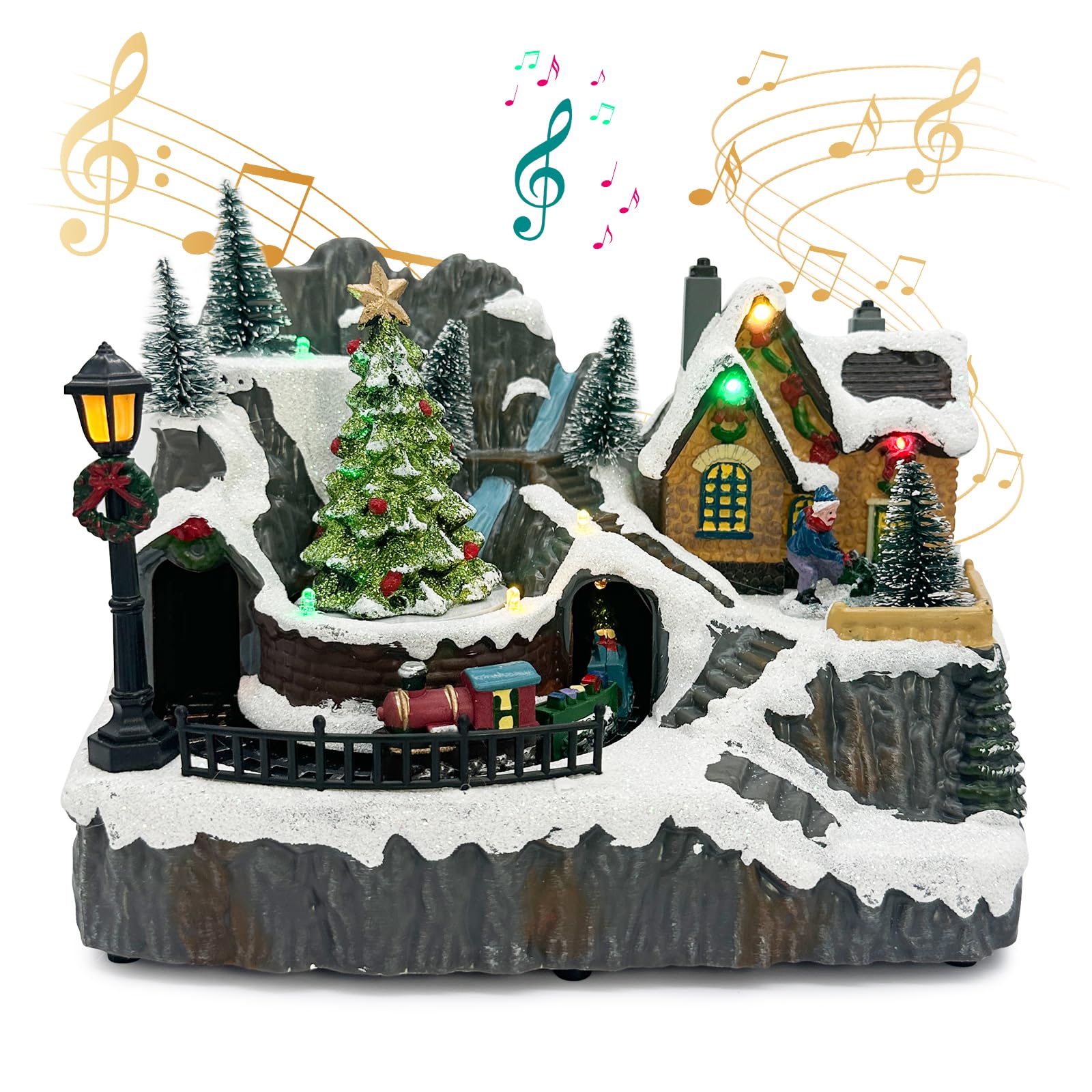 Tarocynn Christmas Village House Christmas Tree Figurine with Music and Light, Moving Tree and Train Christmas Display Indoor Decorations