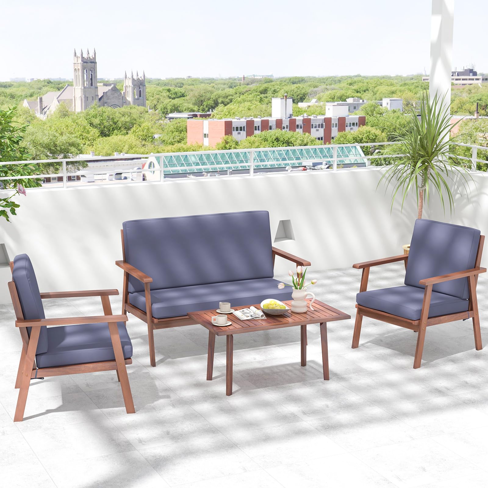 Tangkula 4 Piece Outdoor Conversation Set, Acacia Wood Sofa Set with Soft Seat & Back Cushions, Rectangle Coffee Table Patio Wood Furniture Set for Backyard, Poolside, Garden (1, Gray)