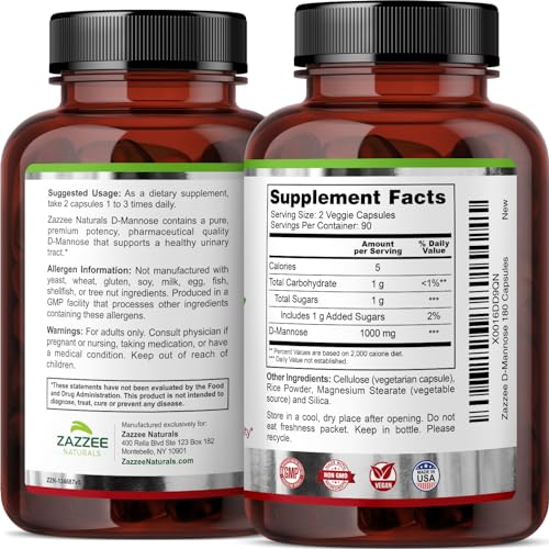 Zazzee D-Mannose, 1000 mg per Serving, 180 Vegan Capsules, 3 Month Supply, Potent & Fast-Acting, Certified Kosher, 100% Pure, All-Natural Urinary Tract Health UTI Support, 100% Vegetarian, Non-GMO