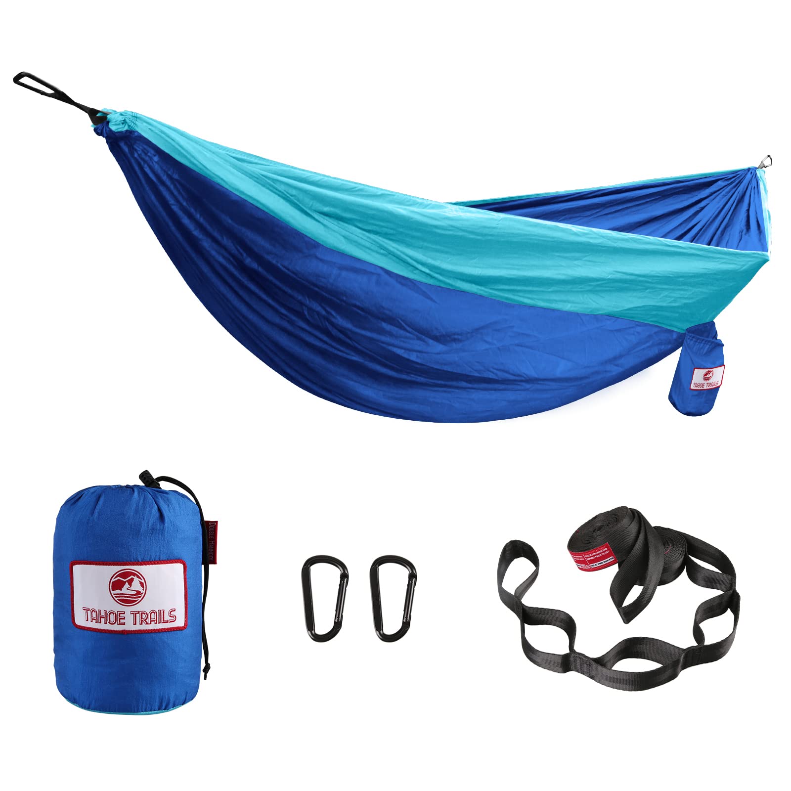 Tahoe Trails Double Camping Hammock for 2 People with Tree Straps, Lightweight Portable Nylon Parachute Hammock for Hiking, Traveling, Backpacking and Backyard, Blue & Sky Blue