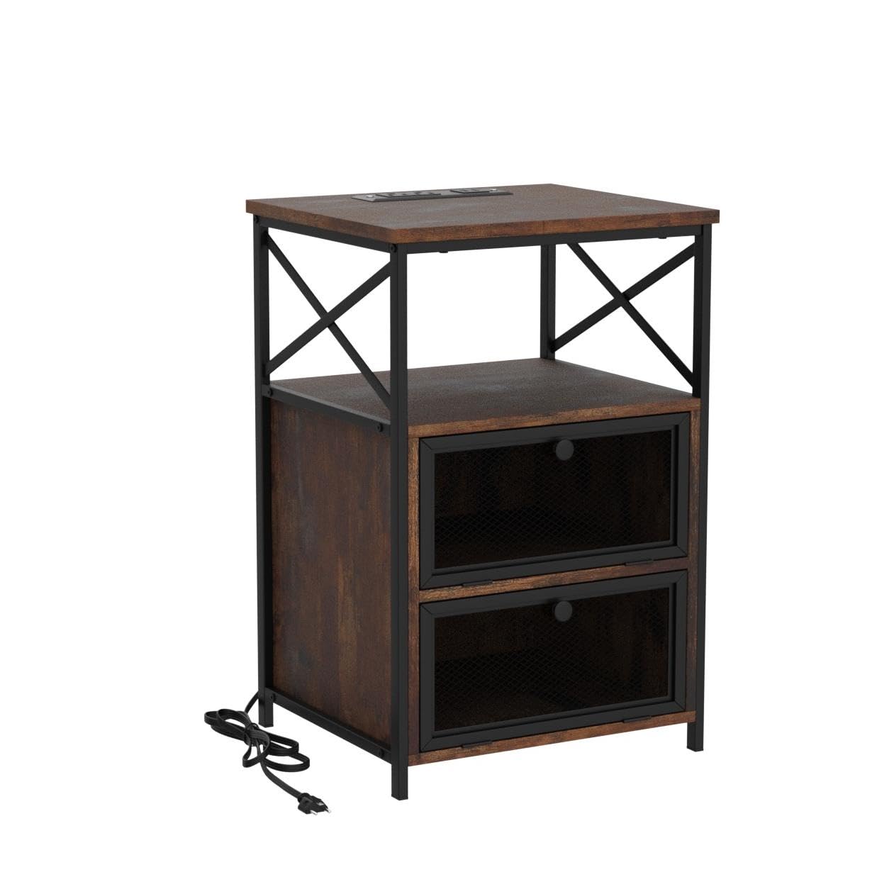VECELO 24" End Table with Charging Station, Flip Drawer Nightstand Set of 2 with USB Ports and Outlets for Bedroom,Living Room, Rustic Brown