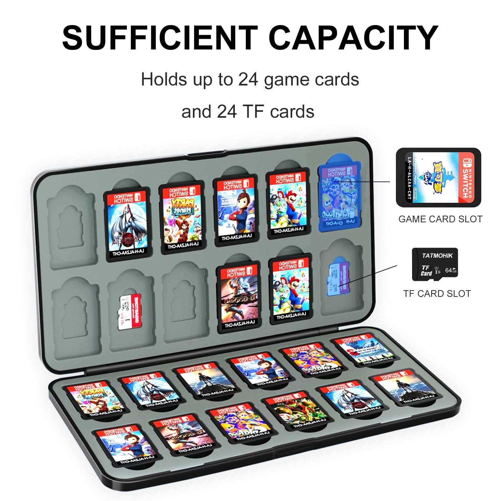 TATMOHIK Game Card Case for Nintendo Games or Micro SD Cards, Switch Game Card Holder for Nintendo Switch Card Holder with 24 Nintendo Eshop Gift Card and 24 Micro SD Card Slots(Black,24slots)