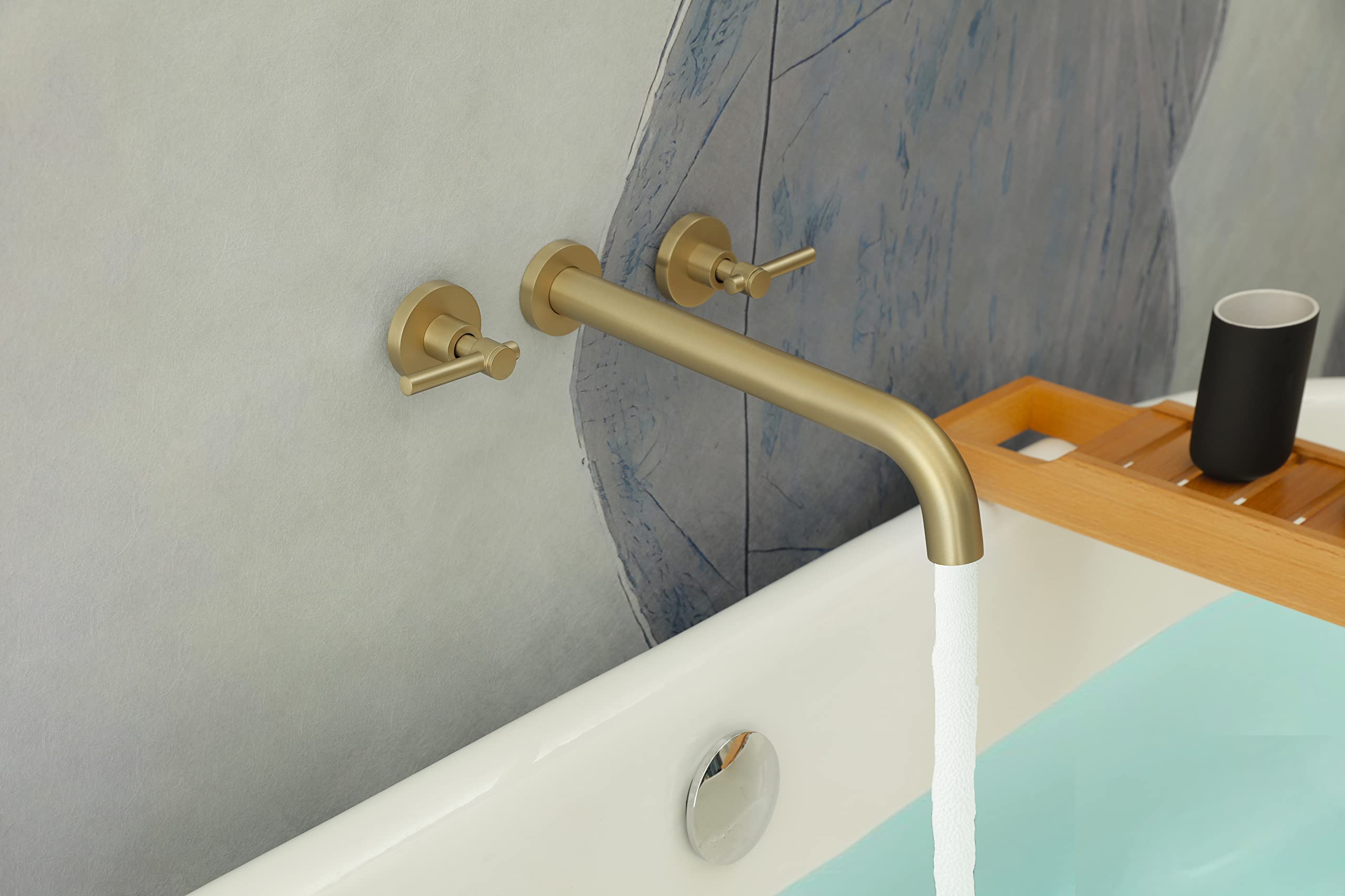 Wall Mount Tub Filler,Two Handle Bathtub Wall Faucet,Extra Long Spout Reach with High Water Flow,Brass Rough in Valve Included, Gold Brushed