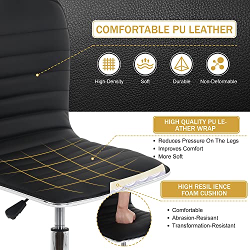 Vanity Chair Makeup Chair PU Leather Low Back Home Office Desk Chair Height Adjustable 360° Swivel Rolling Computer Chair Modern Executive Task Chair without Armrest for Vanity Makeup Room(Black)
