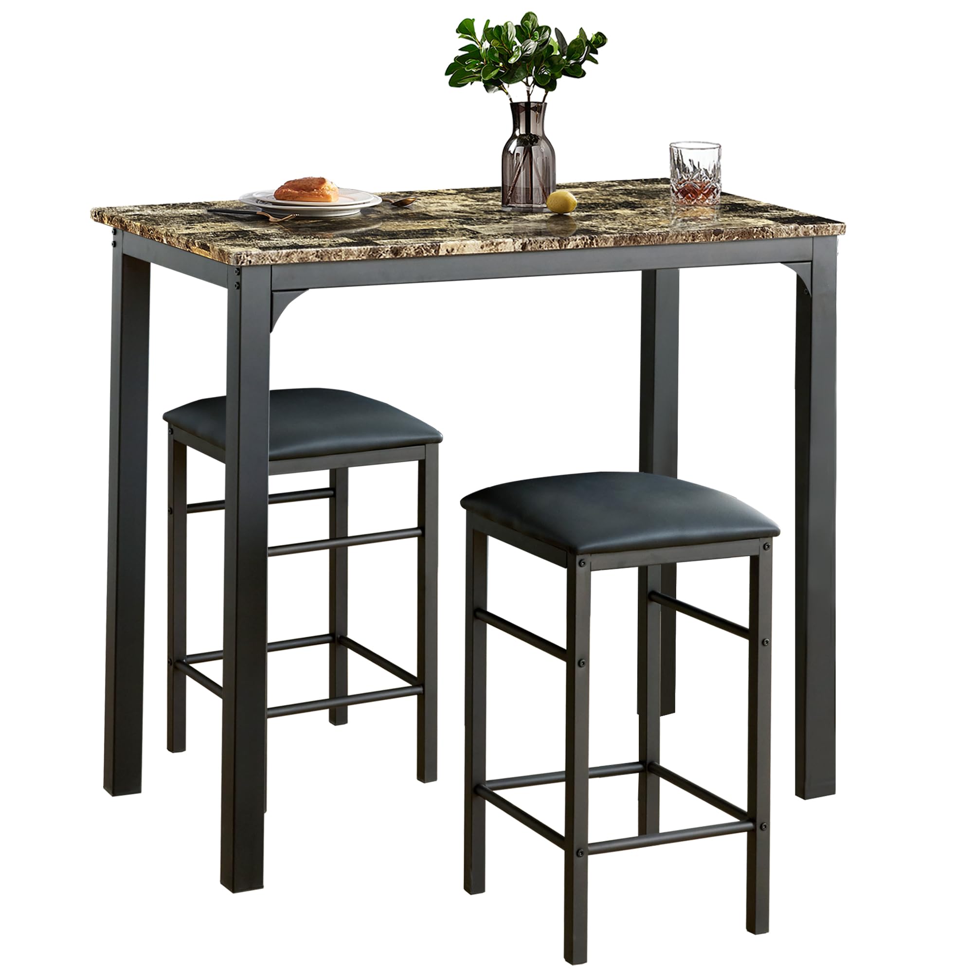 VECELO 3-Piece Pub Counter Height Breakfast Table with 2 Bar Stools, Dining Set for 2, Dark Brown