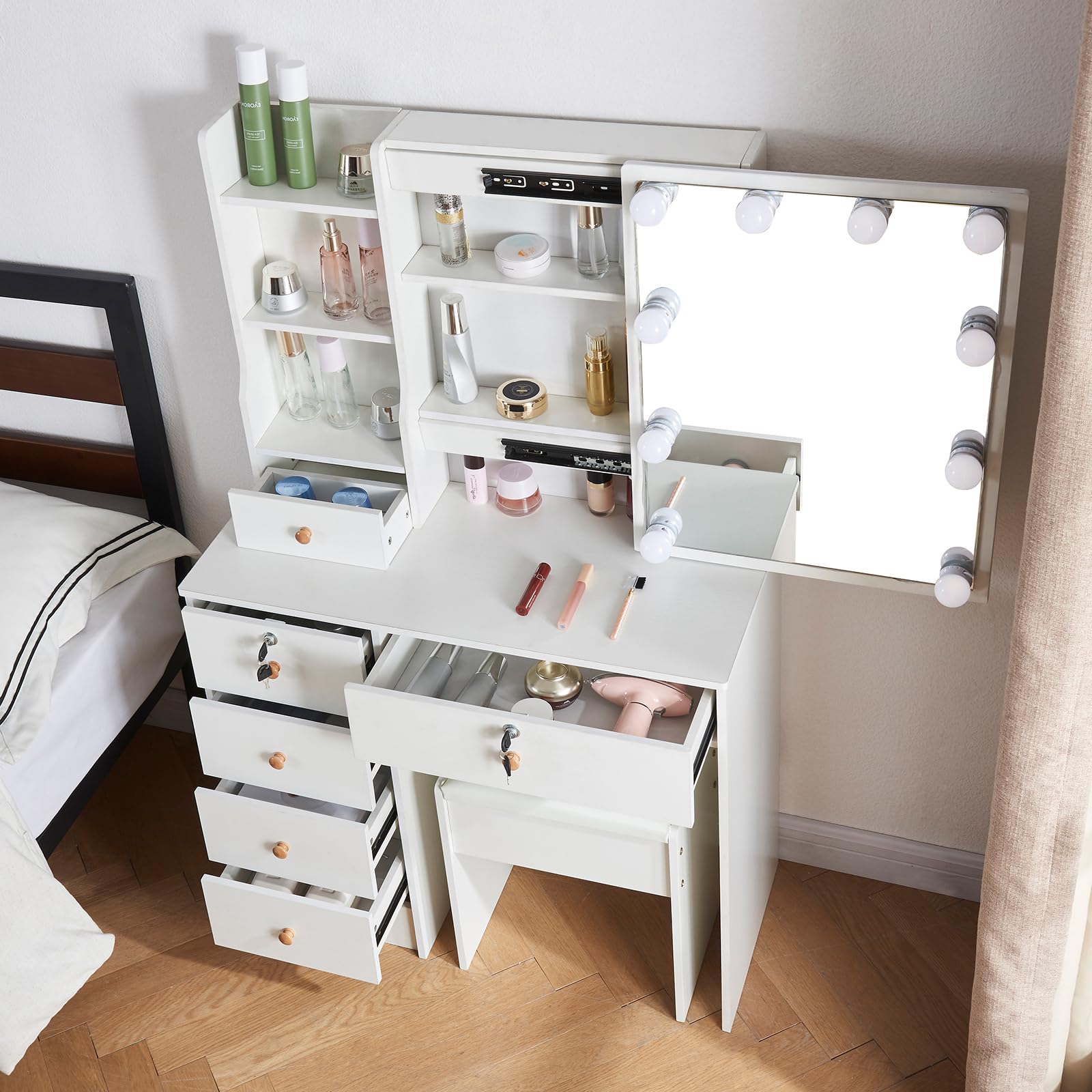 Xinhonglei White Vanity Desk with Mirror and Lights, Makeup Vanity with Lights, Modern Vanity Table with Lighted Mirror, Dressing Table with Drawers and Stool, Vanity Set Dresser for Bedroom