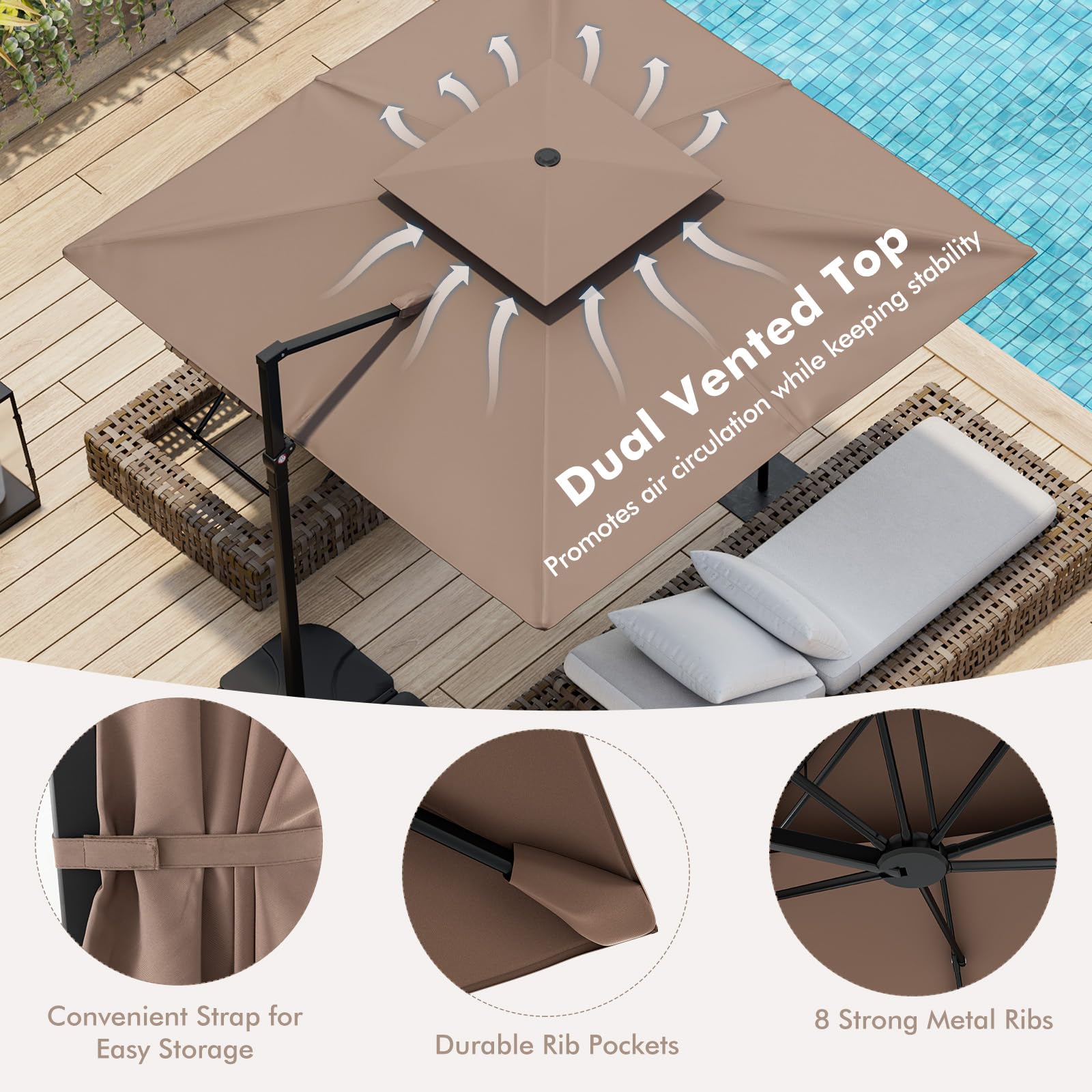Tangkula 9.5 FT Cantilever Patio Umbrella, Outdoor Square Offset Umbrella with 360癛otation, Double Top Heavy Duty Patio Hanging Umbrella with Cross Base for Garden Deck Pool Backyard (Navy)