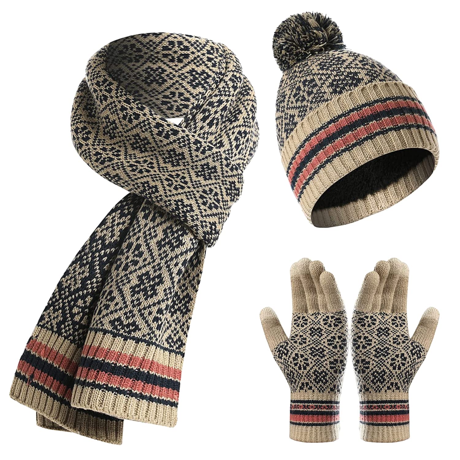 Winter Beanie Hat Scarf Touch Screen Gloves Set with Pom for Women, Beanie Hat Long Scarf Neck Warmer Touchscreen Gloves 3 in 1 Set(NAVY!!)