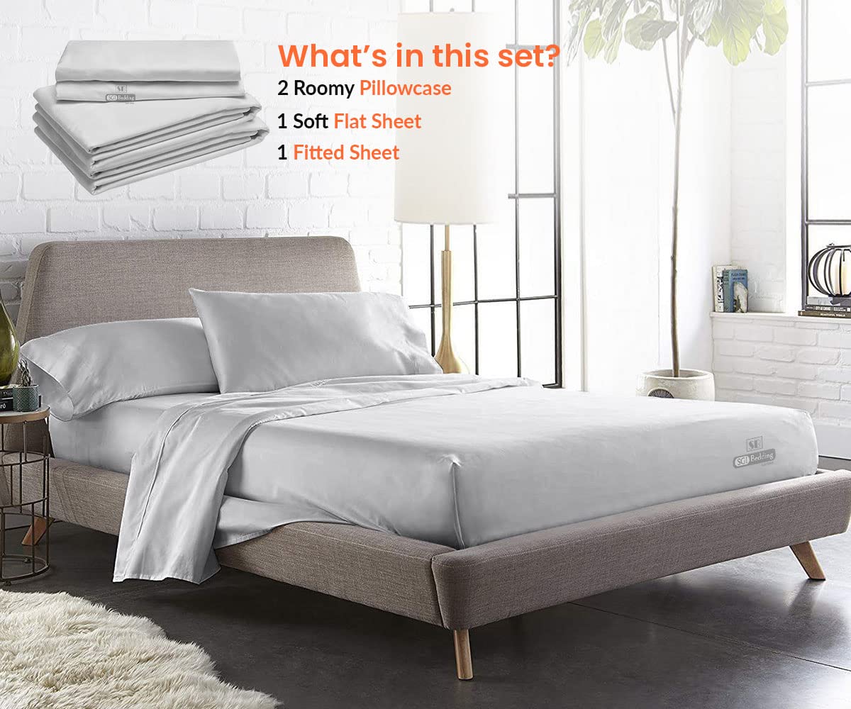 SGI 500 TC 100% Egyptian Cotton Bed Sheets, Luxurious Soft for Premium Hotel Quality 4Pc Sheet Set - 1 Fitted Sheet, 1 Flat Sheet & 2 Pillowcase 15" inch Deep Pocket (King, Light Grey Solid)