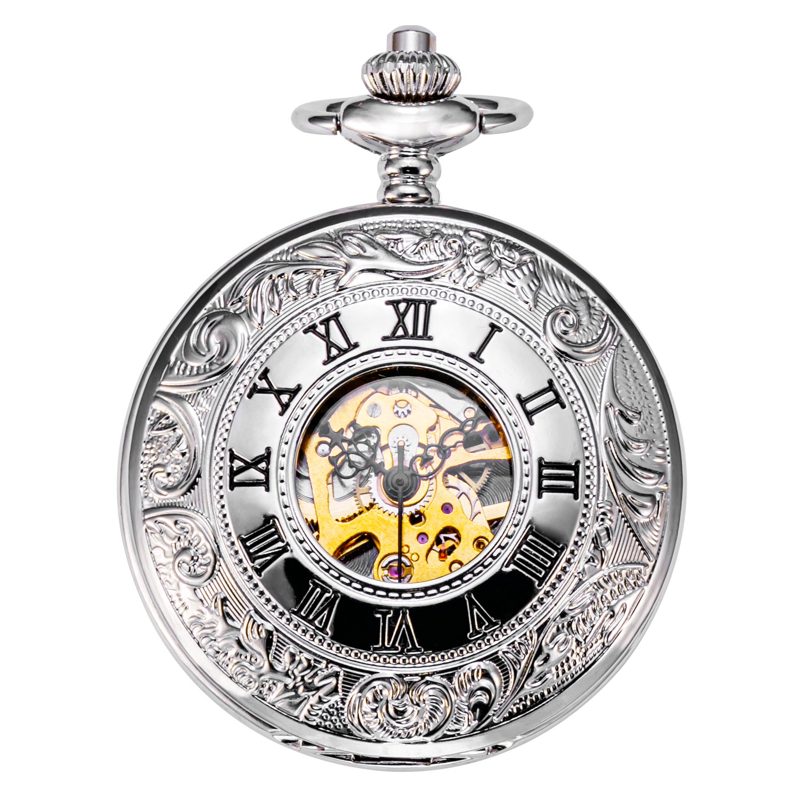 TREEWETO Men's Retro Mechanical Pocket Watch Silver Double Case Roman Numerals Gift for Man with Box