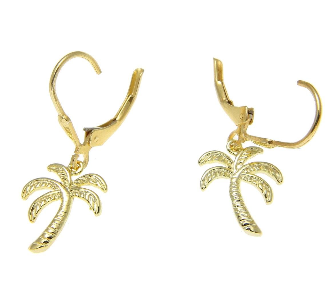 Yellow gold plated on 925 sterling silver Hawaiian palm tree wire leverback earrings