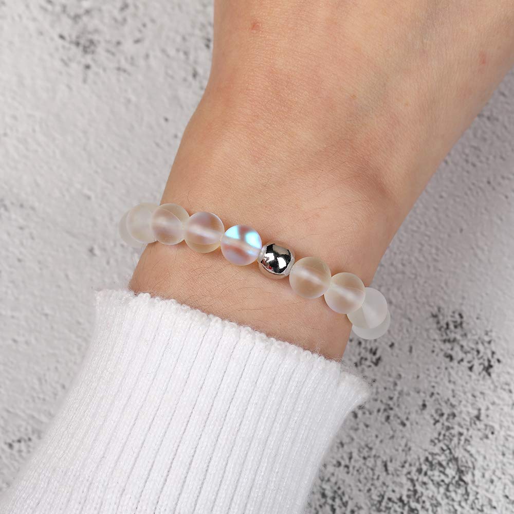 SUMMER LOVE 8MM Mystic Mermaid Glass Beaded Stretch Bracelet Shimmer Beads Glowing Aura Charm Beaded Couples Bracelets for Women