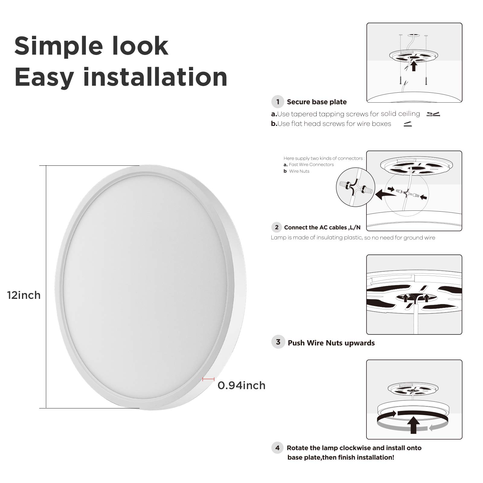 TALOYA Dimmable Flush Mount LED Ceiling Light,3 Color in One (3000K/4000K/6500K) White 12inch 20W=200W Round Flush Mount Light Fixture for Bedroom Kitchen