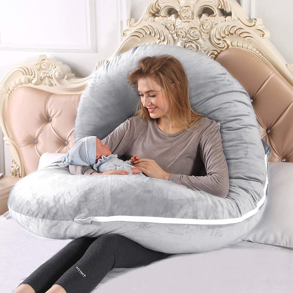 yoyomax Pregnancy Pillows, C Shaped Full Body Maternity Pillow Memory Foam Pregnancy Pillow with Removable Velvet Cover, 52 Inch Pregnancy Pillows for Sleeping-LIGHTGREY