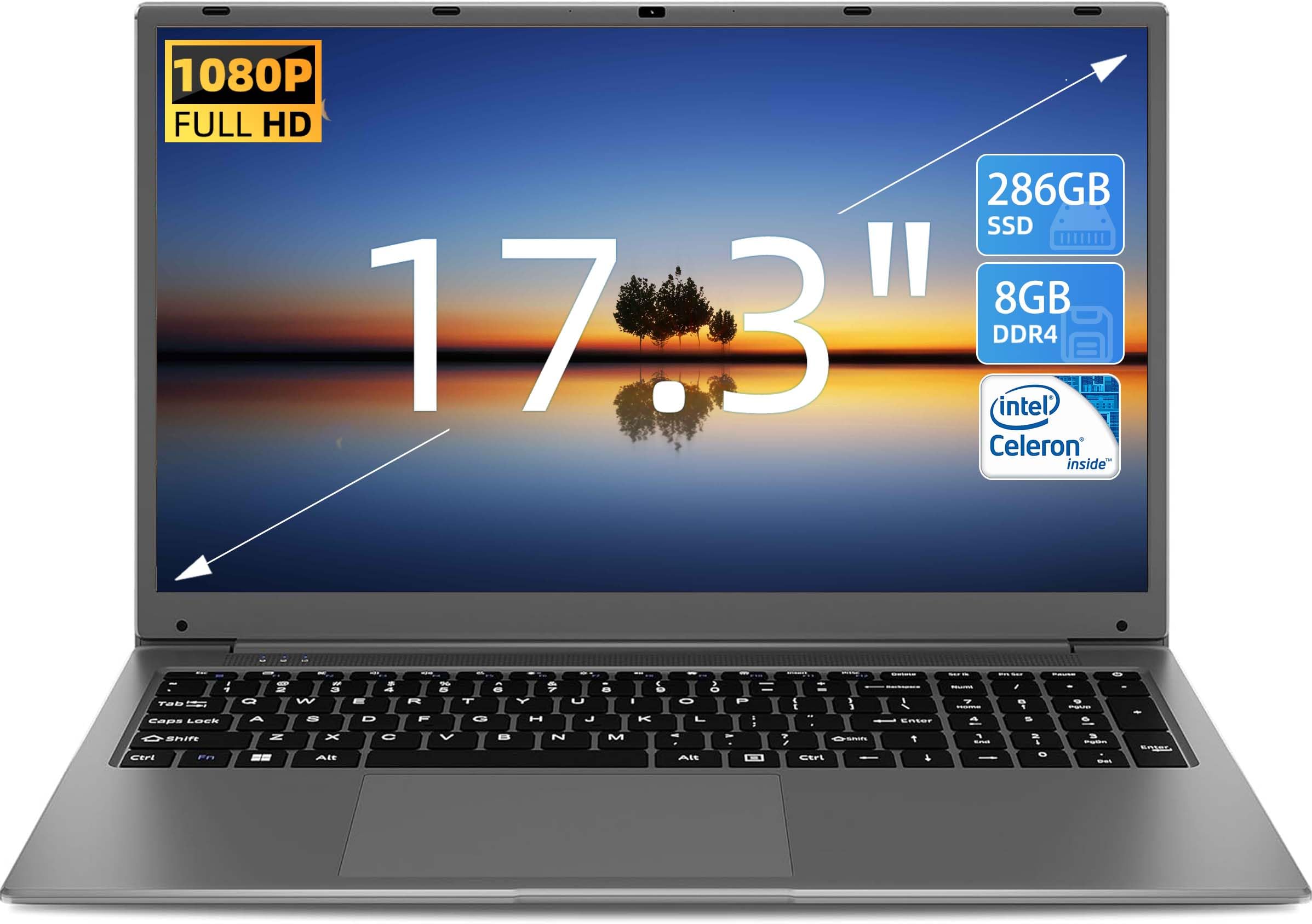 SGIN 17 Inch Laptop, 8GB RAM 256GB SSD Notebook with 17" IPS Full HD Display, Celeron Quad-core Processor, Mini HDMI, Webcam, Dual-Brand Wi-Fi (Gray)