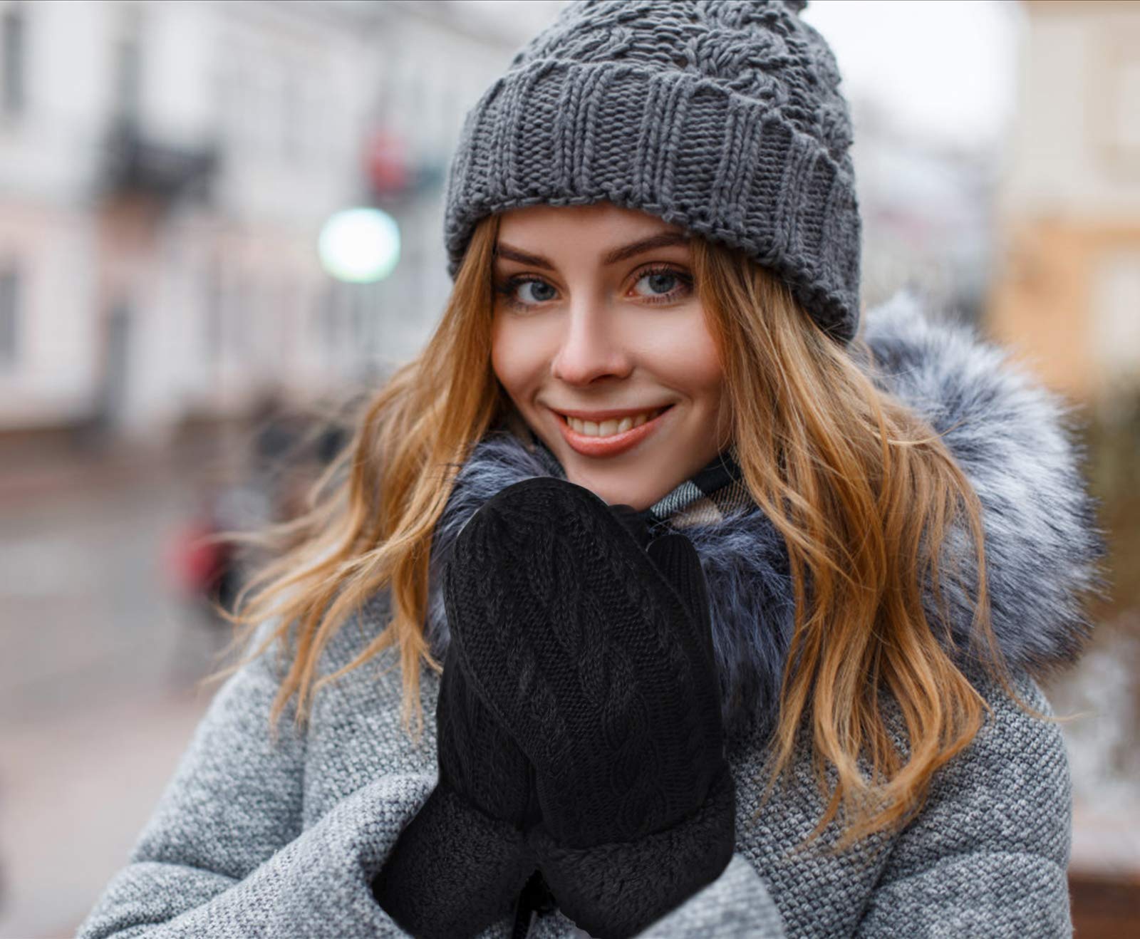 YSense Women's Winter Mittens Warm Wool Knit Thick Christmas Gifts Stocking Stuffers Wear Gloves, Black, Large