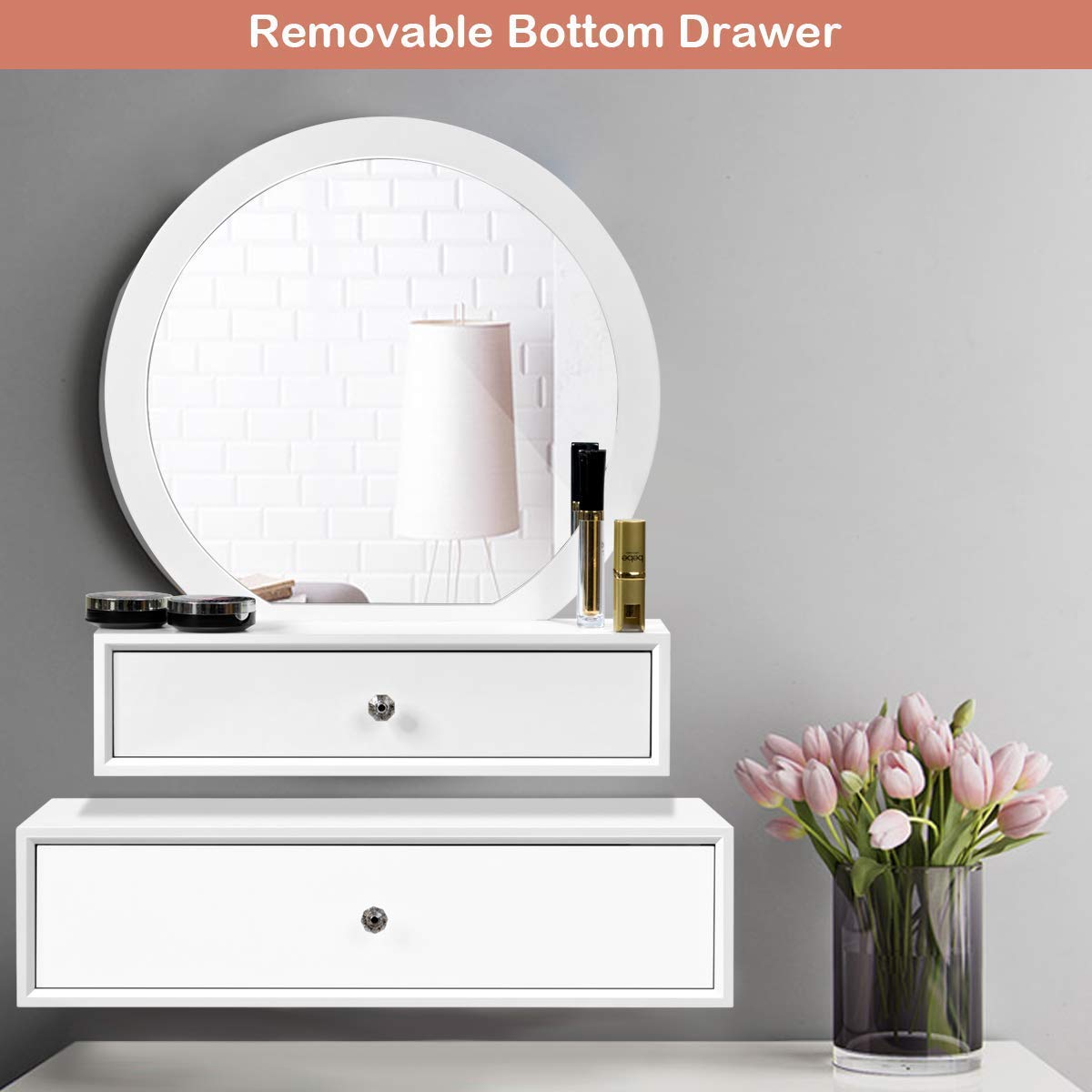 Vanity Mirror, w/ 2 Removable Spacious Drawer, 2 in 1 Vanity Table Top, Space-Saving Wall Mount & Placed on The Table, Dressing Table w/Round Mirror, Ideal for Bedroom, Bathroom &Hallway, White