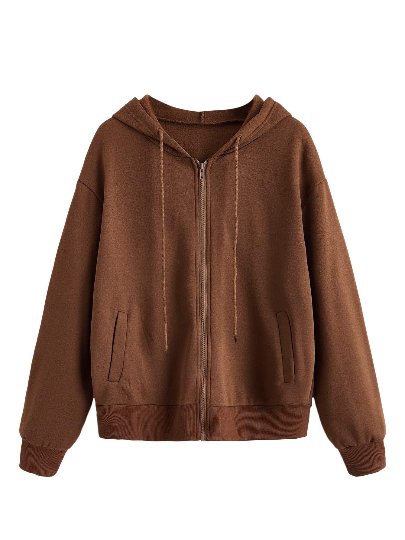 WDIRARA Women's Zip Front Drawstring Hoodie Long Sleeve Casual Sweatshirt Top Brown Solid L
