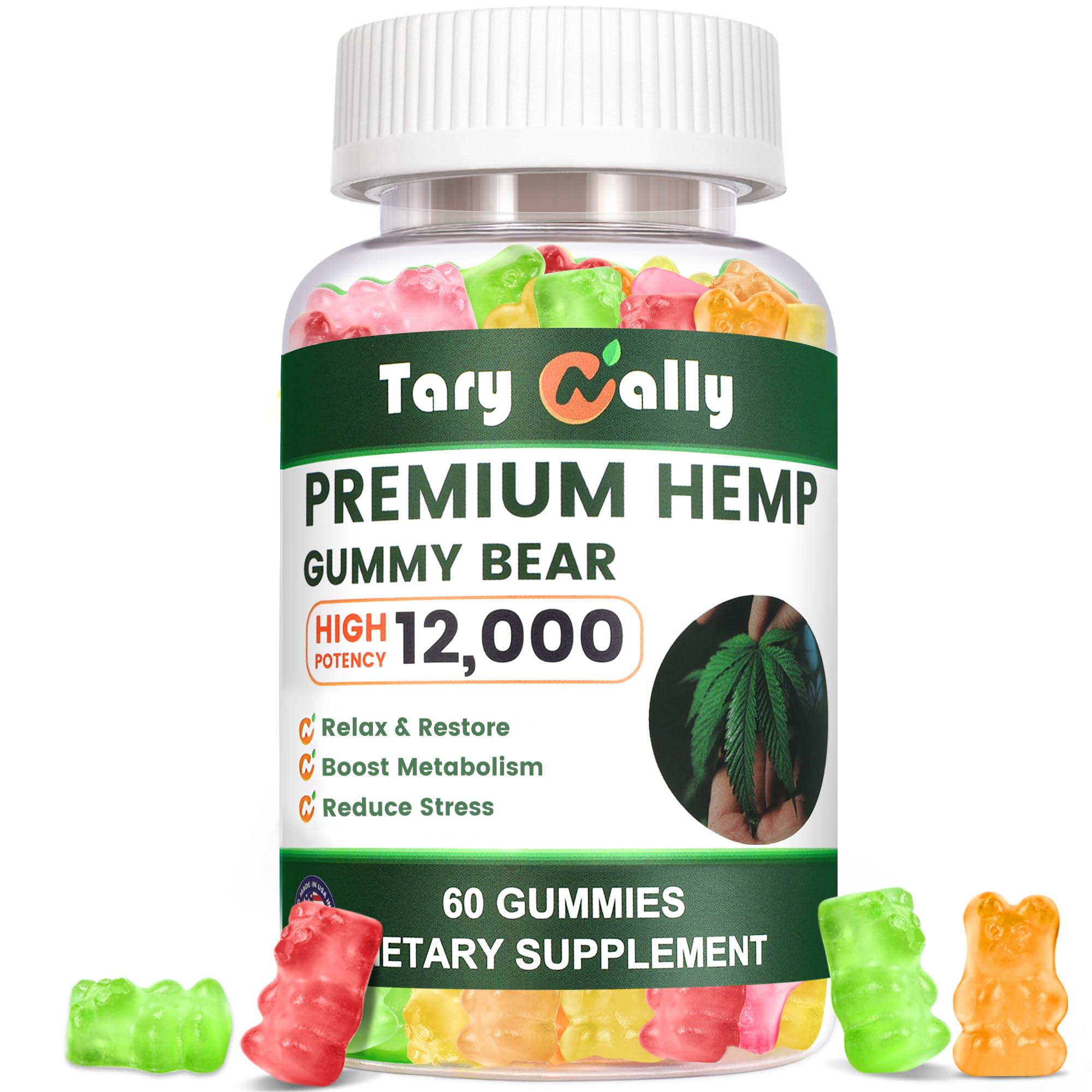 Tary Nally Hemp Gummies High Potency, Stress Relief Gummies Fruity Gummy Bear, Great for Peace & Relaxation, Vegan Low Sugar Gummies