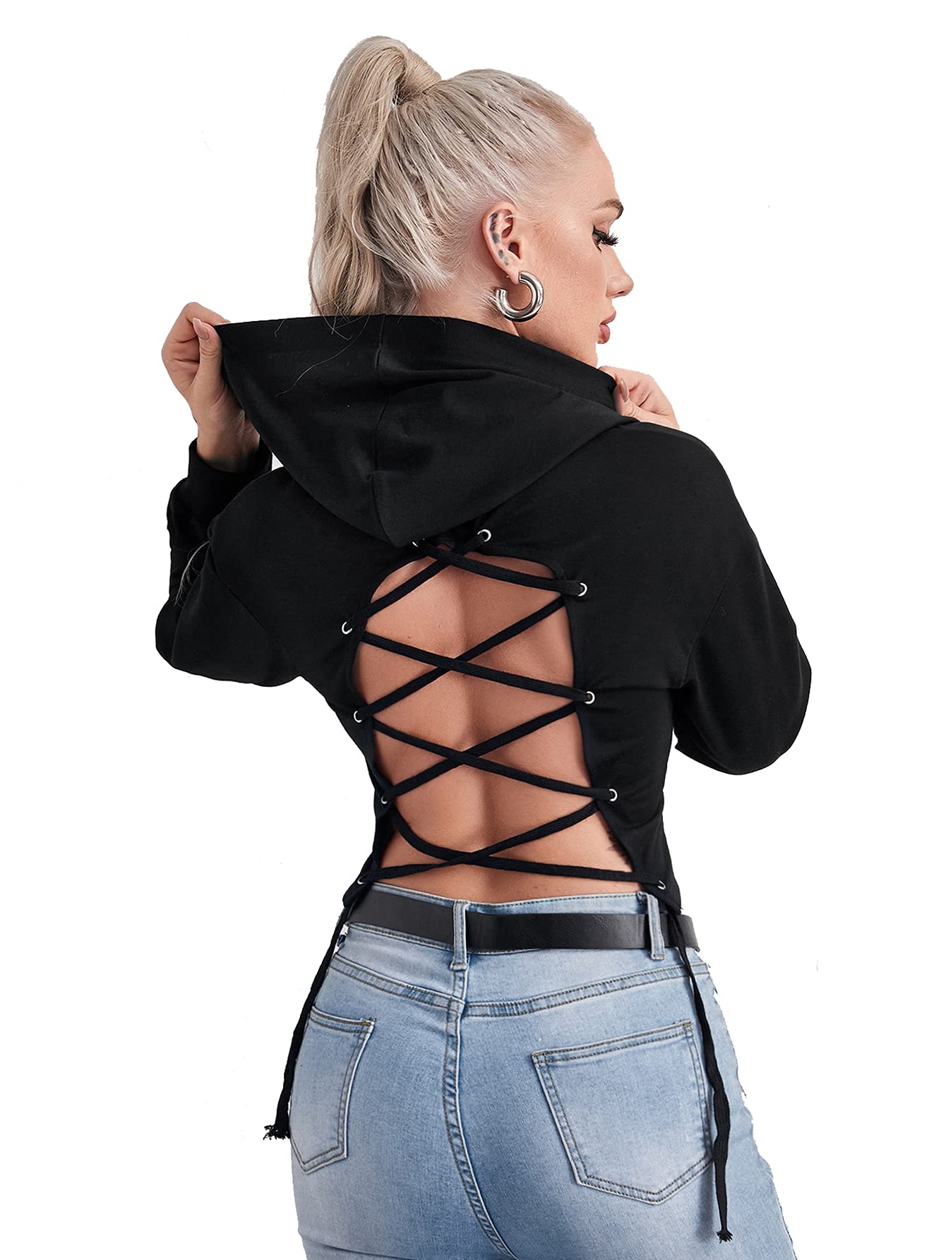 WDIRARA Women's Lace Up Back Crop Hoodie Long Sleeve Sweatshirt Tops Shirt Black M