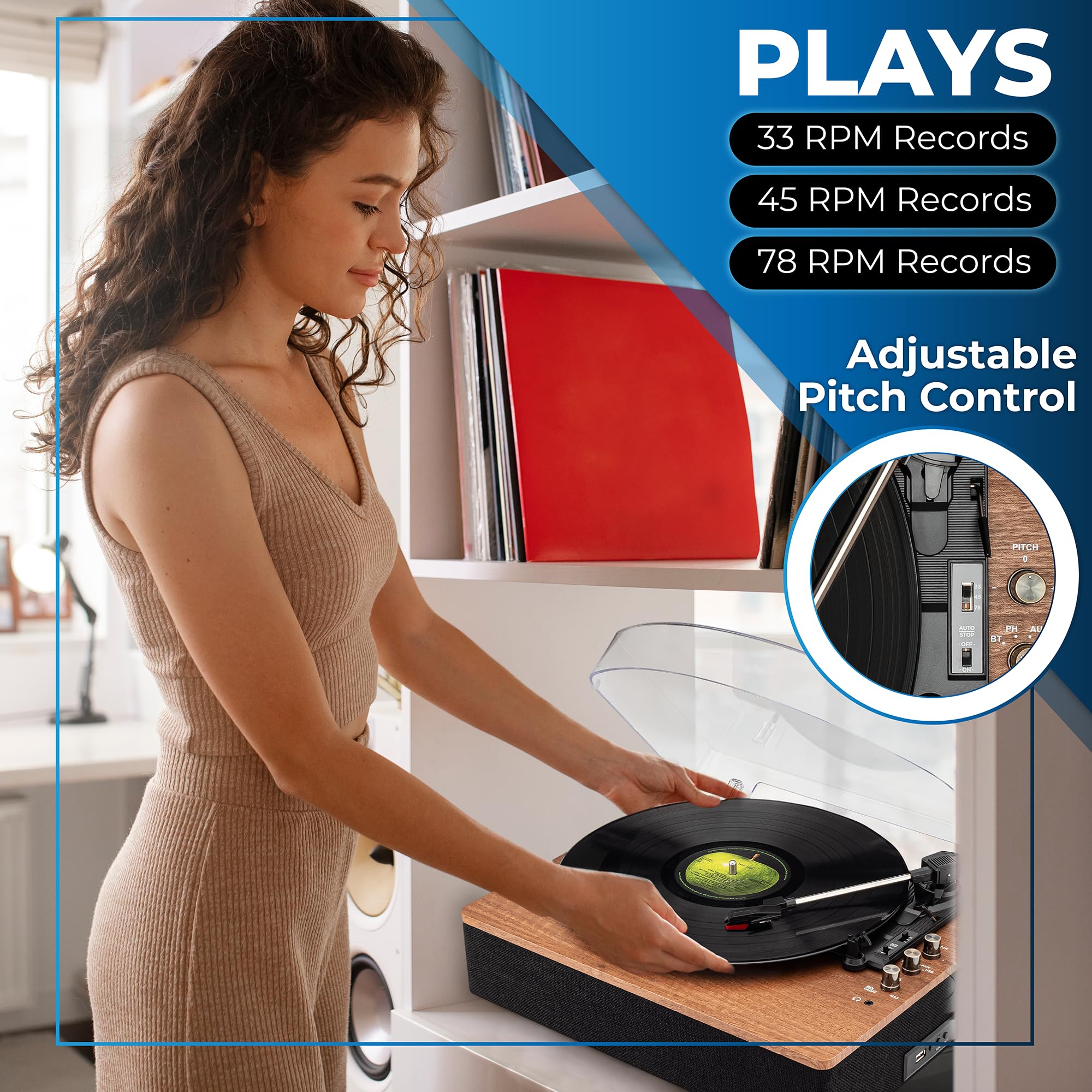 SoundBeast Retro Wooden Turntable with 3 Speed Vinyl Record Player, Built-in Stereo Speakers, Bluetooth, Aux in, USB Playback, & USB Recording to MP3