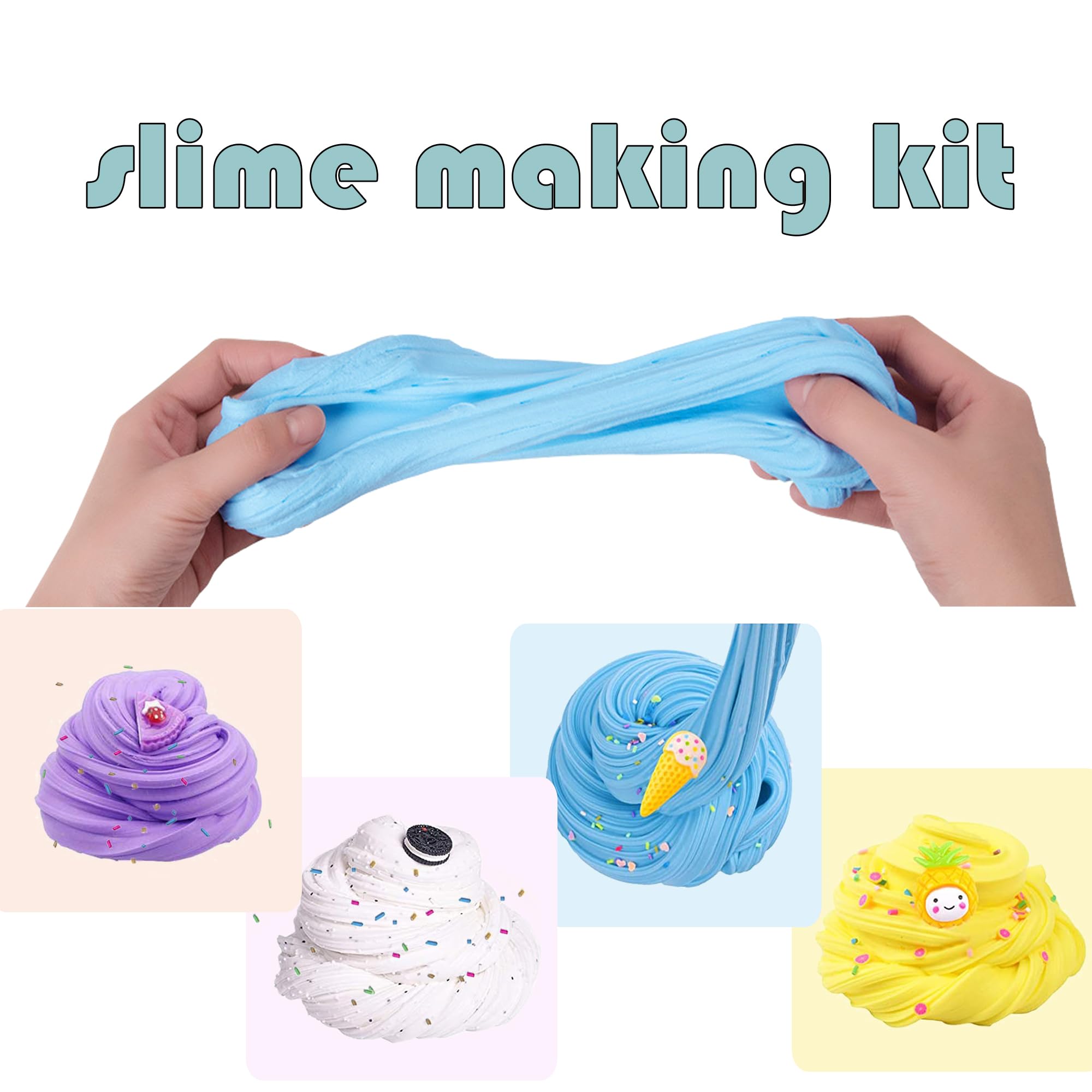 wkjwjy Fluffy Butter slime Kit 4 Pack, Big Ice Cream Making Cloudz Dope Glossy for Toddlers age, Soft Scented Stretchy Non Toxic with Charms Cute Stuff,Age 6-8 Girls Boys Birthday Easter