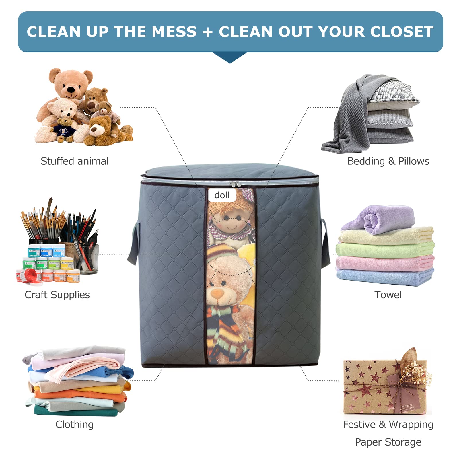 toresper under bed storage containers,Large Capacity closet organization and storage,toy storage Foldable Storage Bags with Clear Window for Clothes Pillow Blankets Bedding (2 Pcs Underbed)