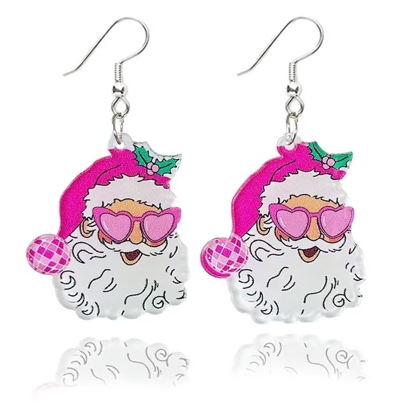 Todu Hot Pink Earrings Funny Christmas Santa Earrings Retro Acrylic Drop Dangle Earrings For Women Christmas Gifts(Christmas Santa)