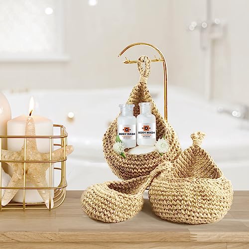 Suwarc Handwoven Boho Wall Hanging Basket for Fruit Vegetable Hanging Baskets Storage Organizer Decorative Hanging Wall Basket for Bathroom Kitchen Back of Door 3-Piece Set with Hook (Jute)