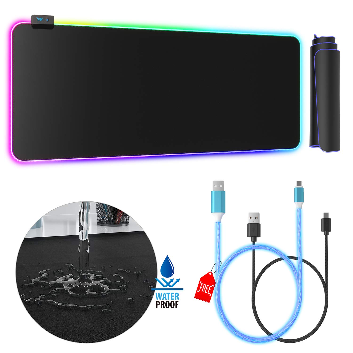 YunNing Large RGB Gaming Mouse Pad,extended Keyboard Pad,with 14 Cool LED lighting effects,Excellent waterproof fabric and Soft and stable non-slip thick natural rubber base,Large size31.5×11.8×0.15in