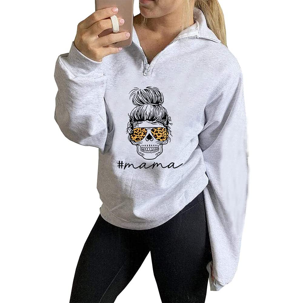 T&Twenties Mama Sweatshirt Cute Mom Mode Zip Up Pullover Mom Life Long Sleeve High Collar Quarter 1/4 Zip Jacket Top