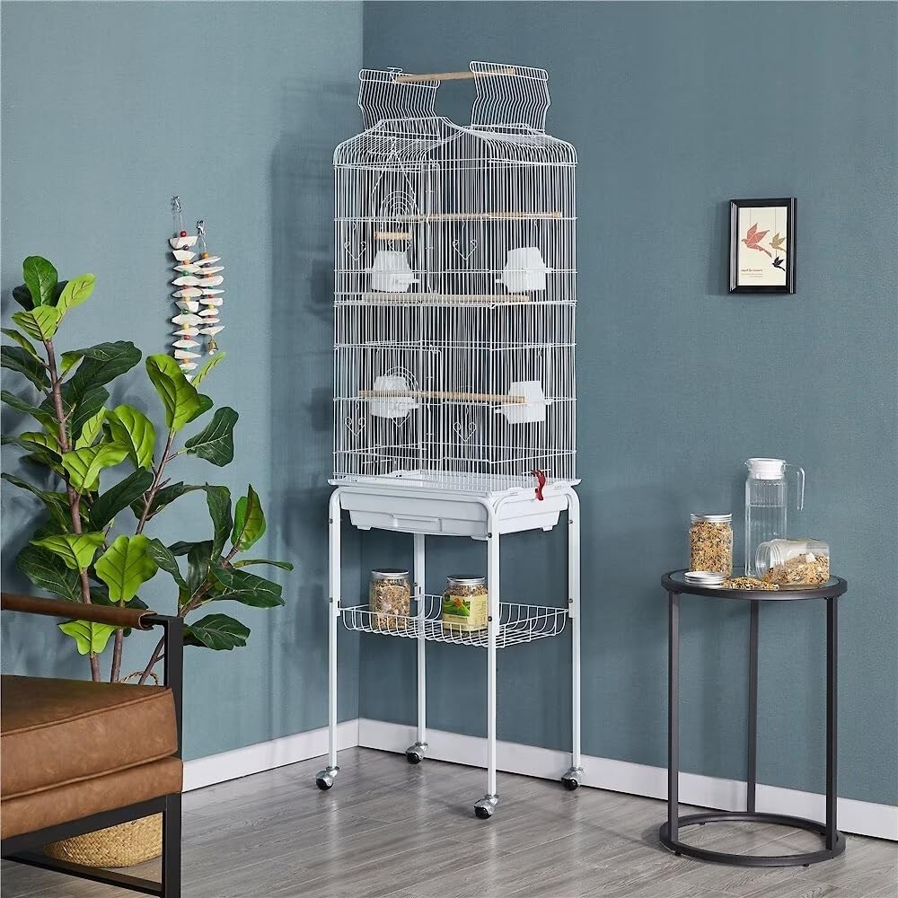 TENAS Deluxe 64-Inch Metal Bird Cage - with Open Top Design and Rolling Bracket - Premium Rust Resistant Wire - Easy-to-Clean Base - 360 Degree Rolling Casters - Convenient Slide-Out Tray (White)
