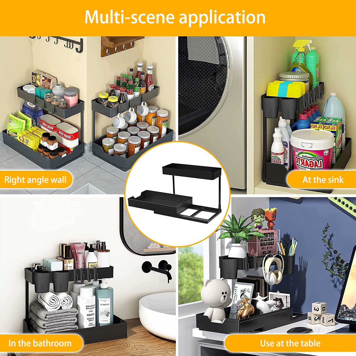 UWBGRT 2-Tier Under Sink Organizers and Storage π Pack Sliding L-Shape Bathroom Kitchen Cabinet Organizers with Hooks,Hanging Cups, Narrow Space Storage Multi-Purpose Sink Organizer