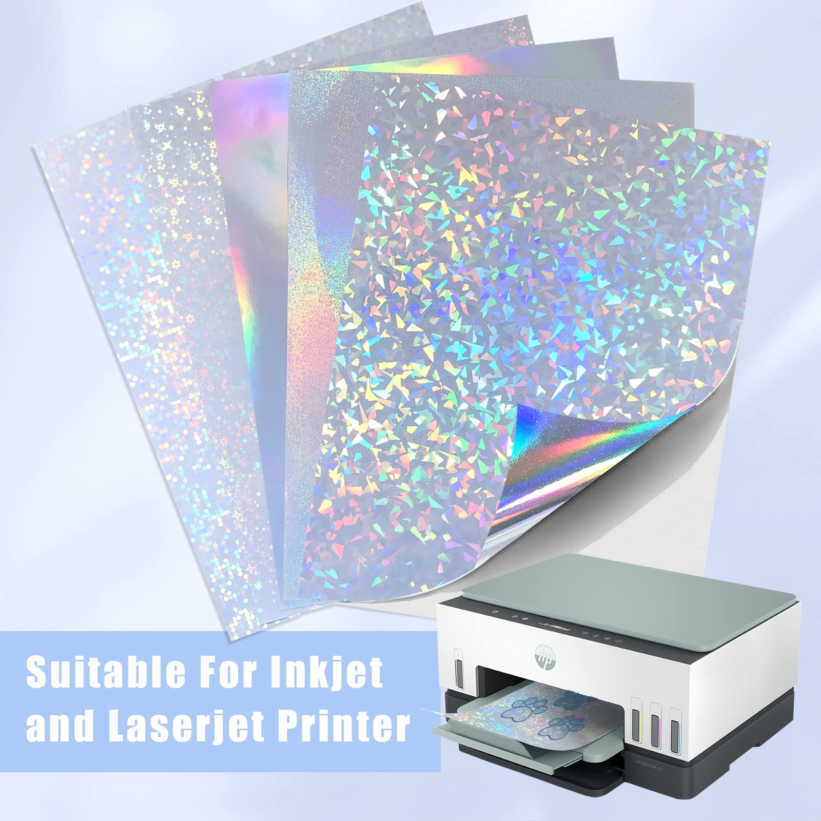 Uinkit 60 Pack Printable Holographic Sticker Paper for Inkjet and laser printer 8.5x11 inches Printable Waterproof Vinyl Sticker,Dries Quickly (60Pack, Variety Pack-5 color)