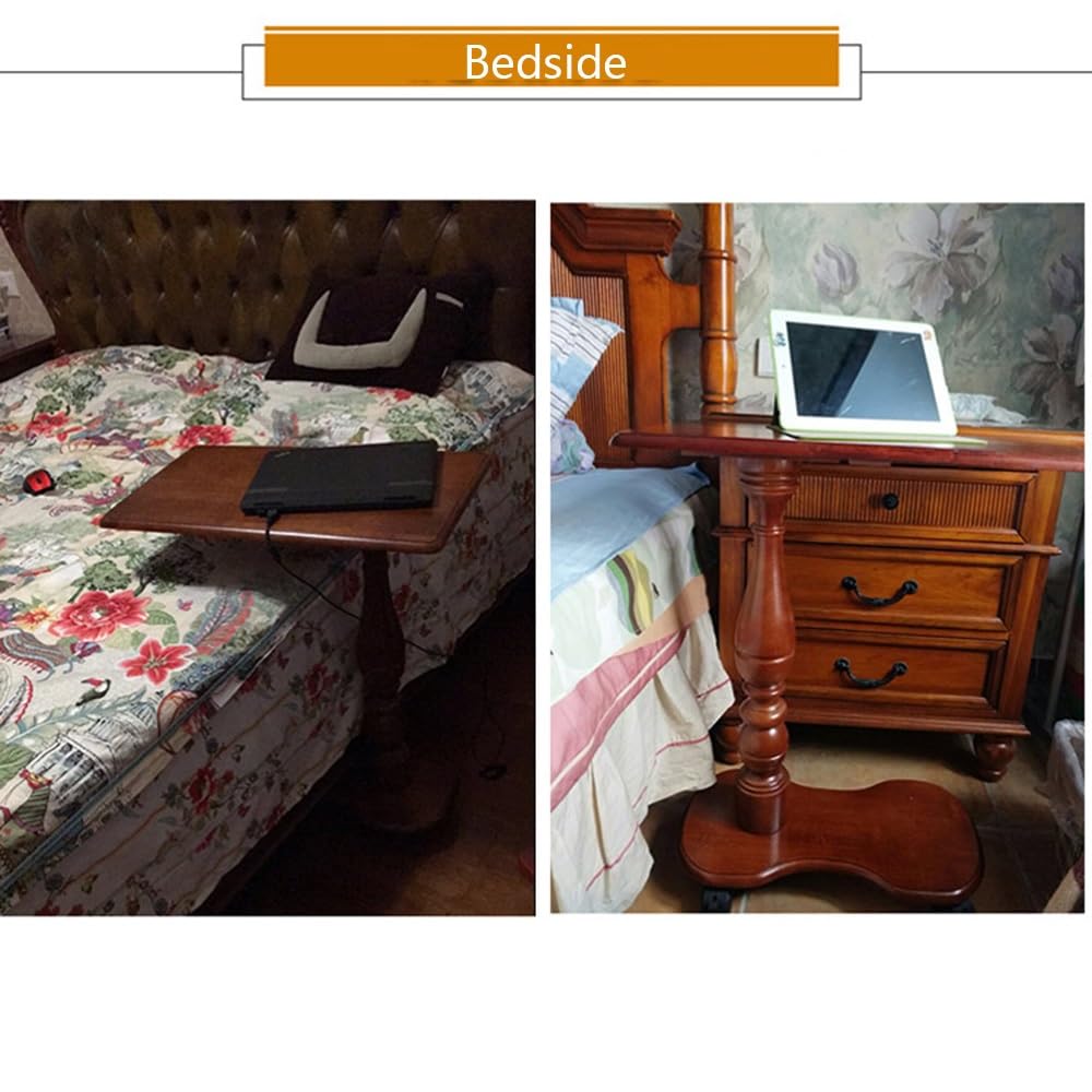 VERDDE C-Shaped End Table, Wood Tray Table with Wheel, Small Side Table for Couch, Tray Table for Sofa, Living Room, Bedroom, Bedside, Natural Wood