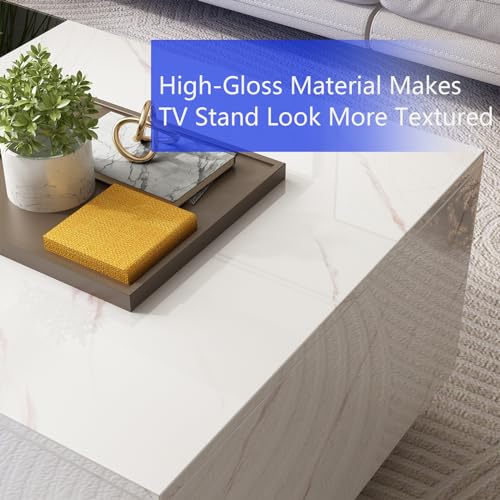 Uspeedy 47.3IN LED Coffee Table, White Coffee Table for Living Room,High Gloss Modern Coffee Table with APP Control, Large Coffee Table with Marbling Print(Marbling)