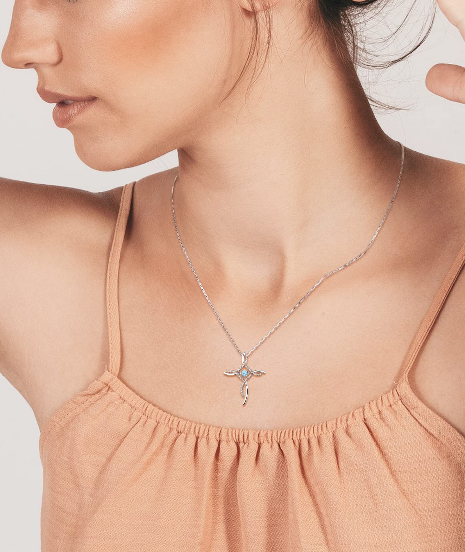 YL Celtic Knot Cross Necklace Sterling Silver Cubic Zirconia Loop Infinity Pendant Dancing Created Aquamarine Crucifix Jewelry