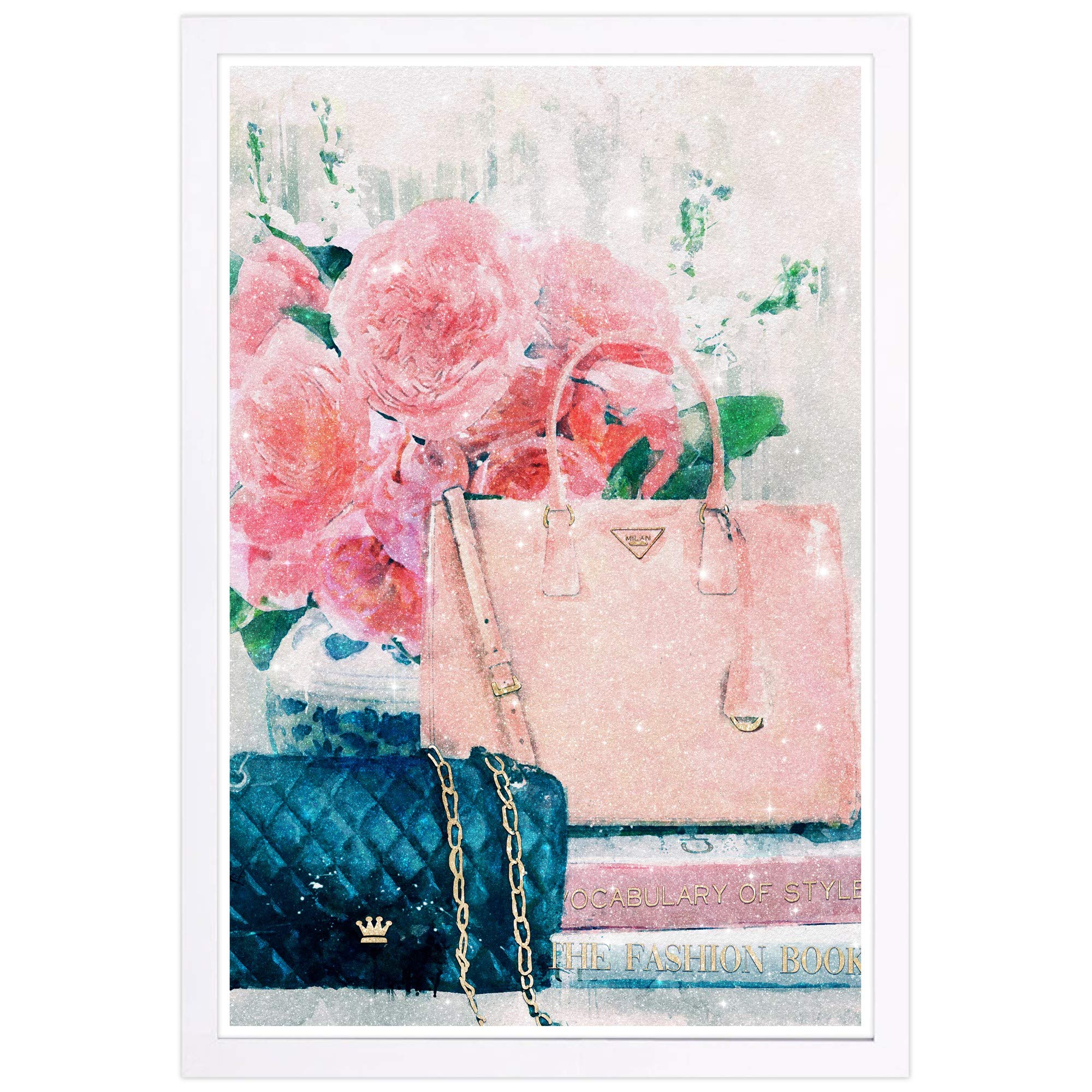 Wynwood Studio Glam Framed Wall Art Prints 'Shimmer Fashion Requisites' Home Dรฉcor, 13" x 19", Pink, Green